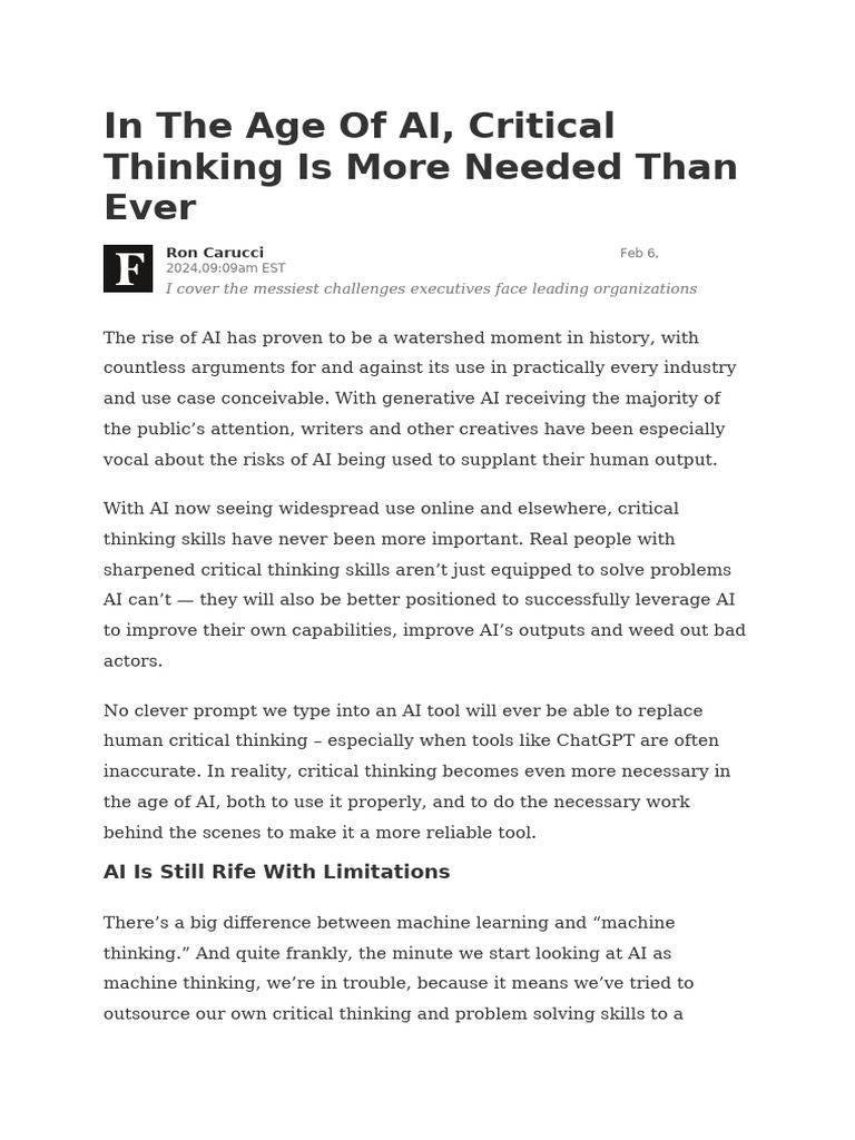 Forbes - Critical Thinking in The Age of AI - Ron Carucci | PDF ...