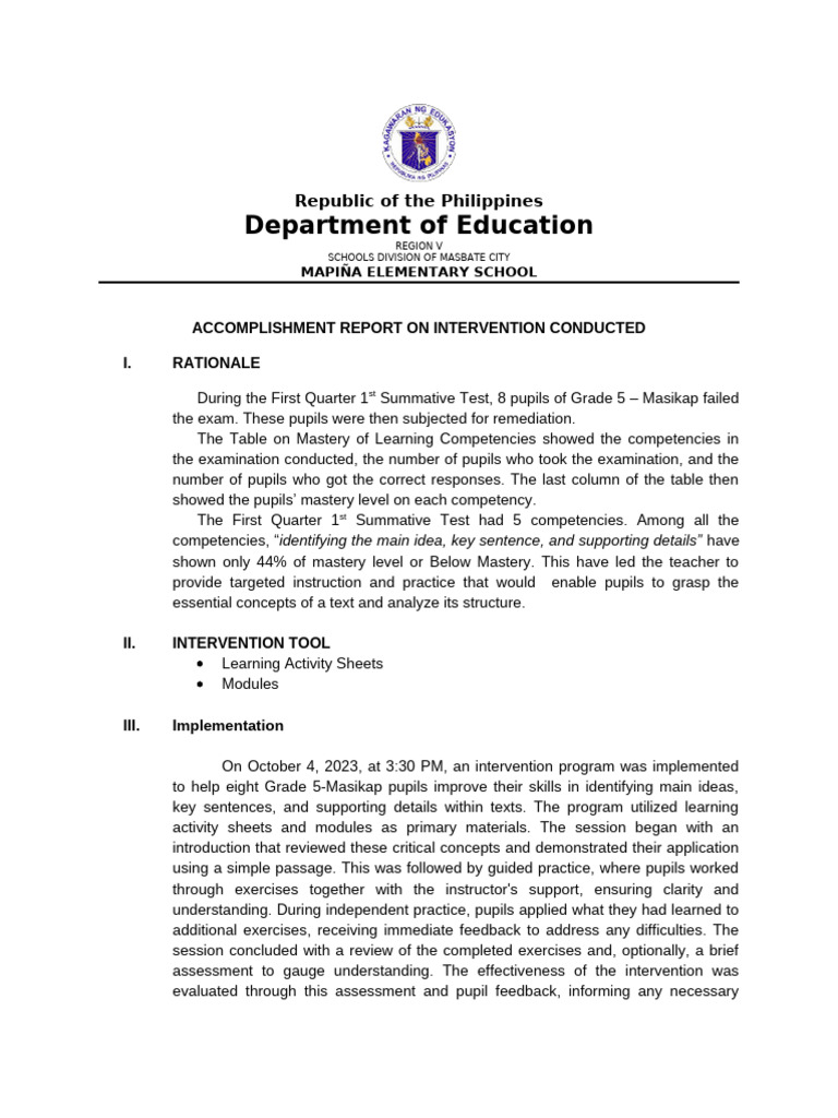 Accomplishment On Intervention | PDF | Educational Assessment | Pedagogy