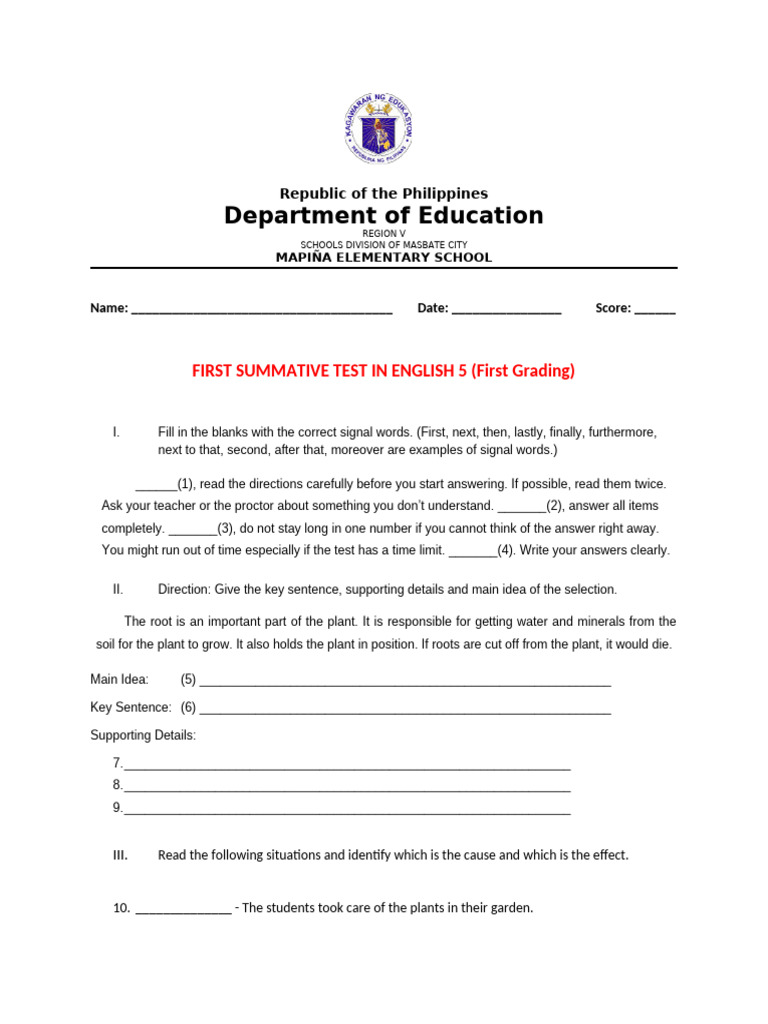 5 Summative Test | PDF | Subject (Grammar) | Linguistics