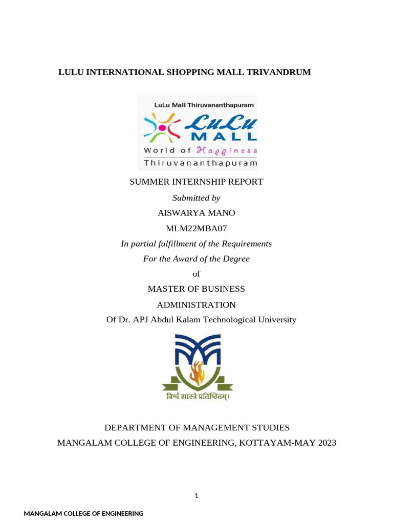 MBA Internship Report: Lulu Mall Trivandrum | PDF
