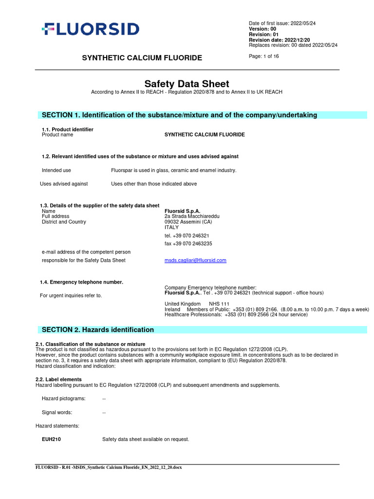 FLUORSID-R.01-MSDS Synthetic-Calcium-Fluoride EN 2022 12 20 | PDF | Fluoride | Waste