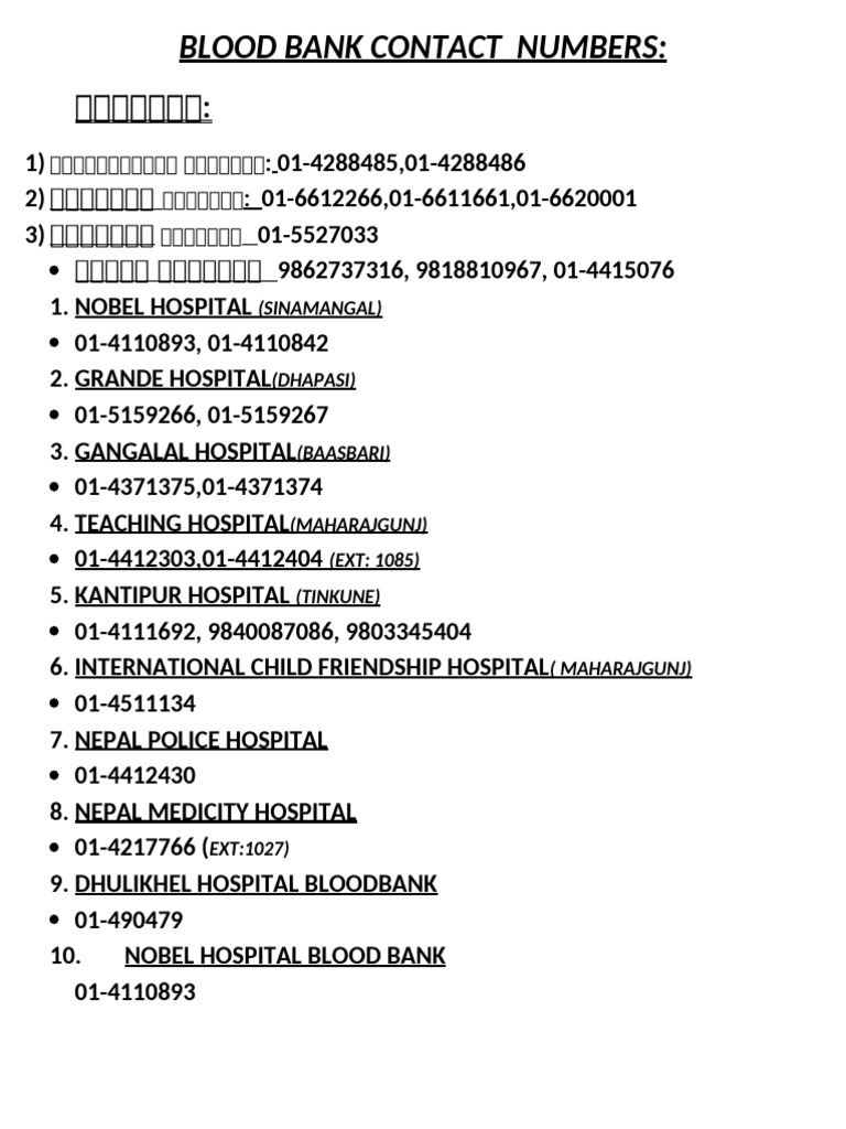 Blood Bank Contact Numbers | PDF