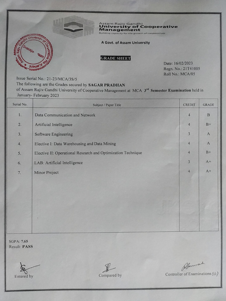 3rs Sem Marksheet | PDF