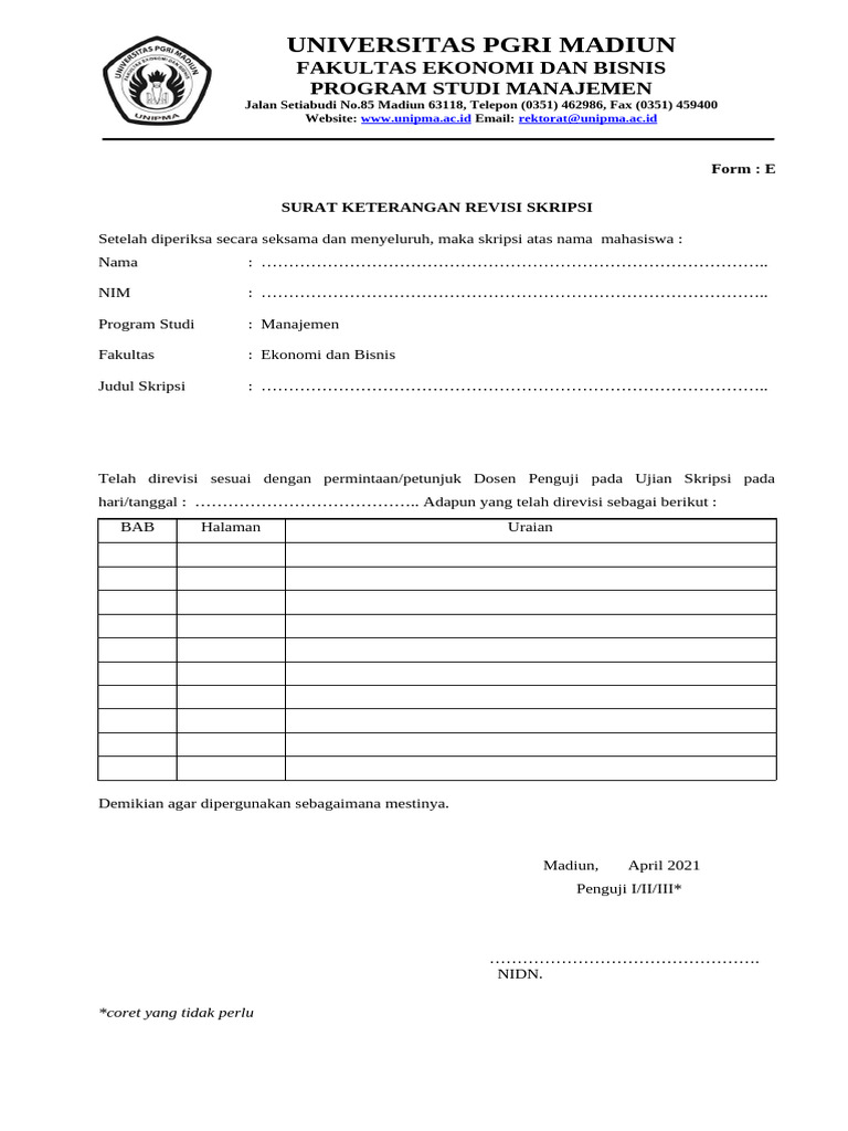 Form e Surat Keterangan Revisi Skripsi | PDF