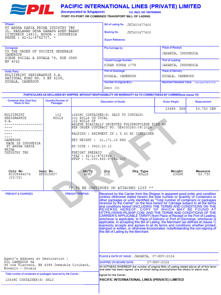 Draft BL JKT400477400 | PDF | Bill Of Lading | Cargo