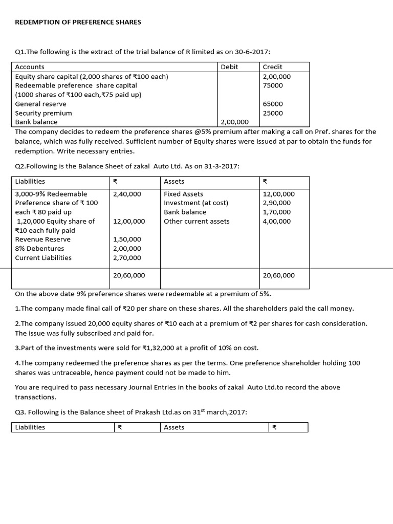 Redemption of Preference Shares | PDF | Equity (Finance) | Balance Sheet