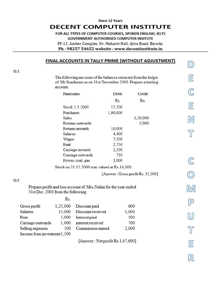 Final Account in TALLY PRIME 2023 Without Adjustment | PDF