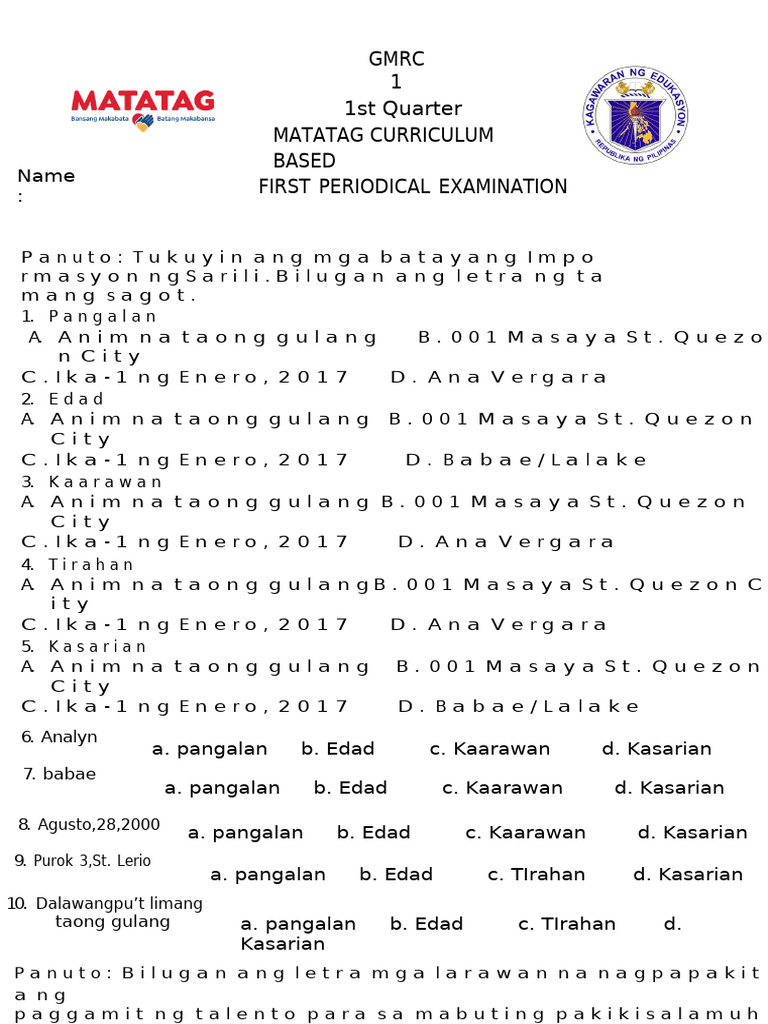 Q1 G1 Periodical Exam-GMRC | PDF