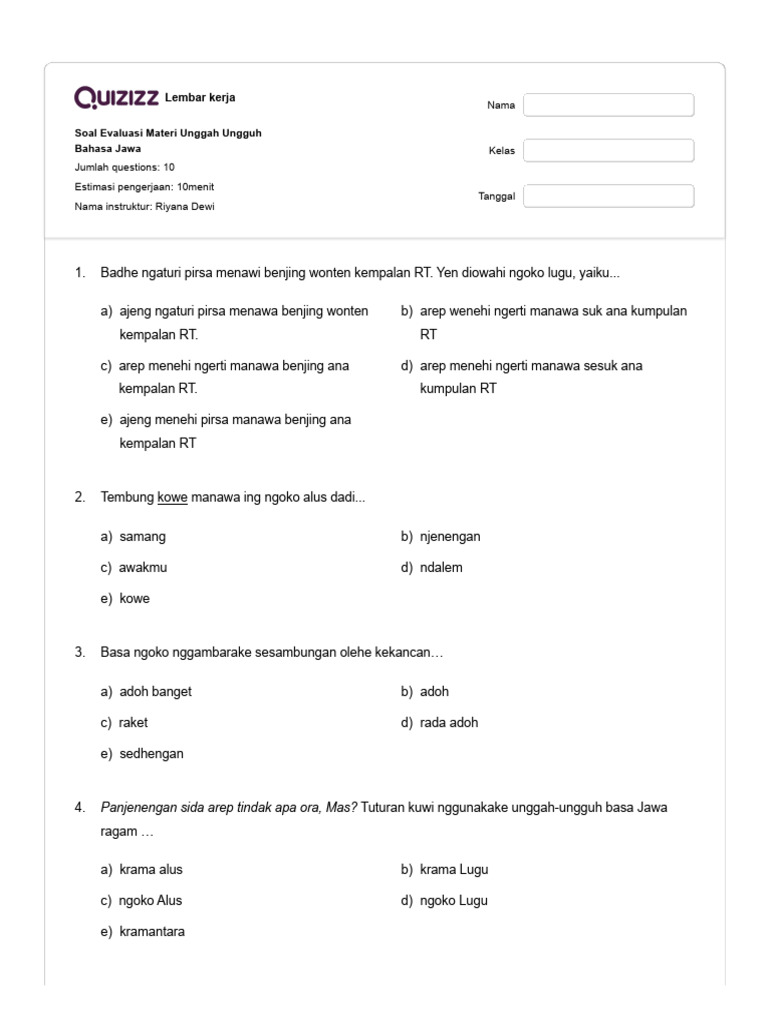Soal Evaluasi Materi Unggah Ungguh Bahasa Jawa - Quizizz | PDF