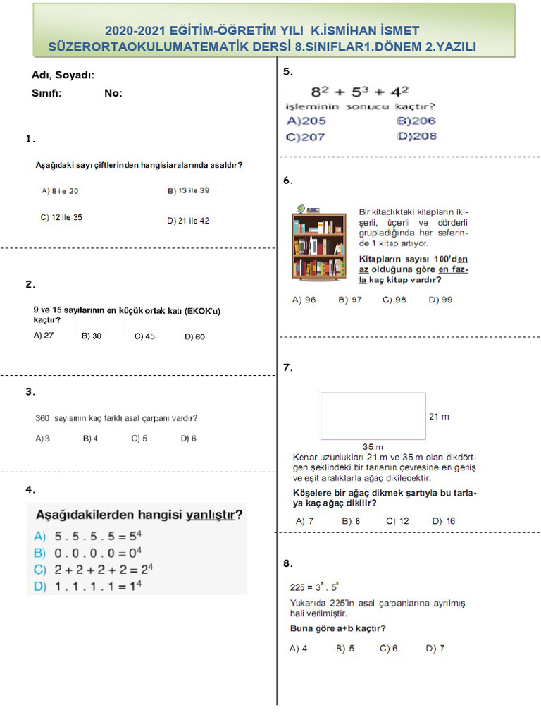 8.sinif Matematik 1. Donem 2. Yazili Sorulari 1 | PDF