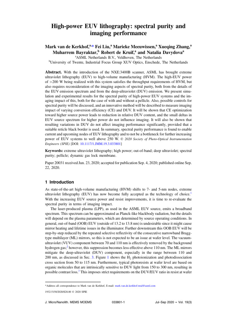 High-Power EUV Lithography Spectral Purity and Imaging Performance ...