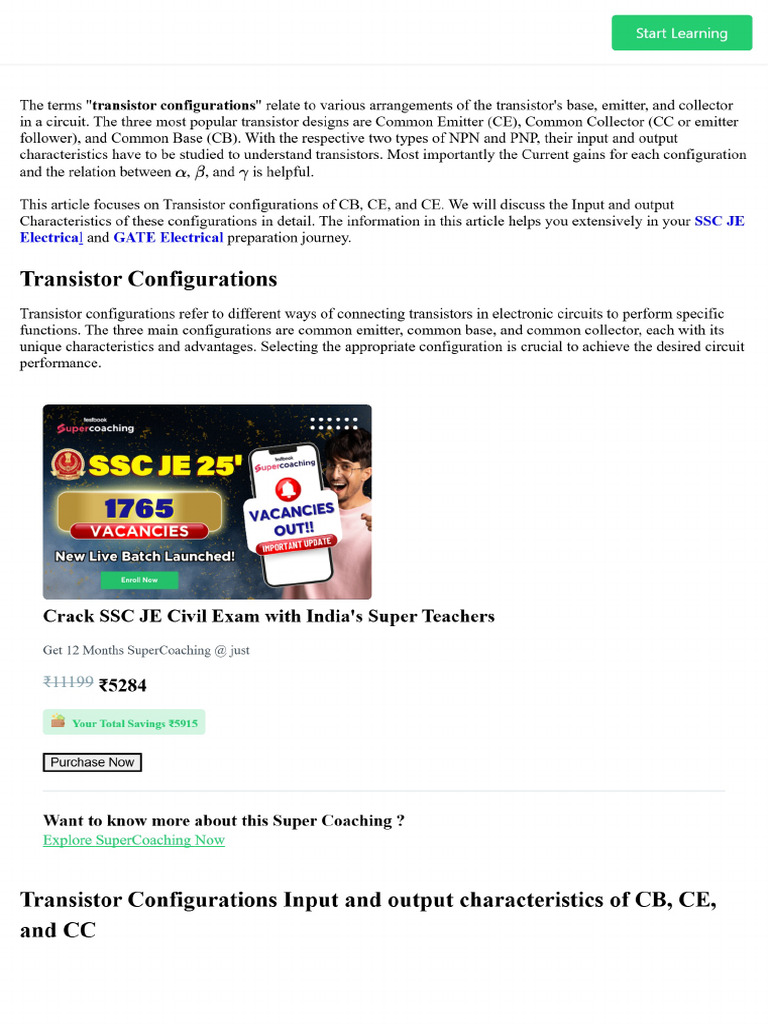 Transistor Configurations - CB, CE, and CC With Characteristics | PDF