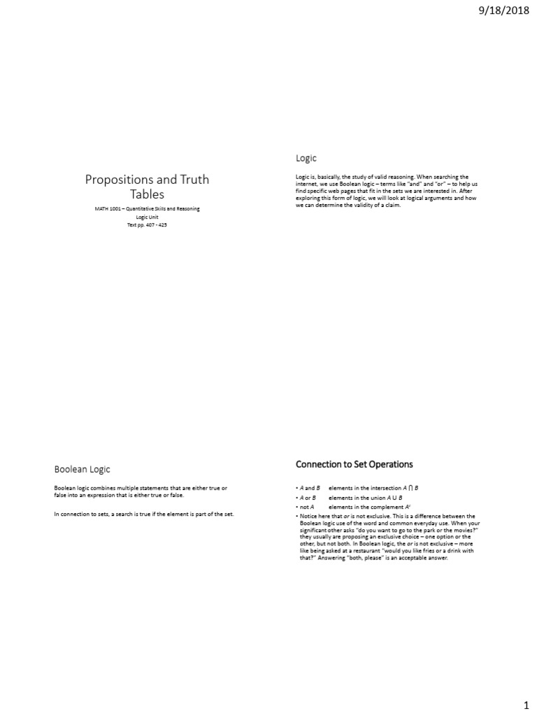 Truth Tables and Propositions Student Handout | PDF | Logic | Boolean ...