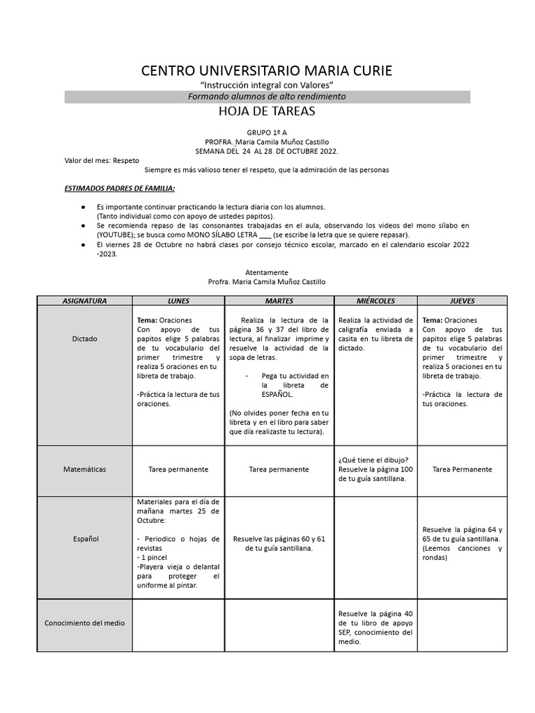 1° HOJA DE TAREAS SEMANA DEL 24 AL 28 DE OCTUBRE 2022. | PDF