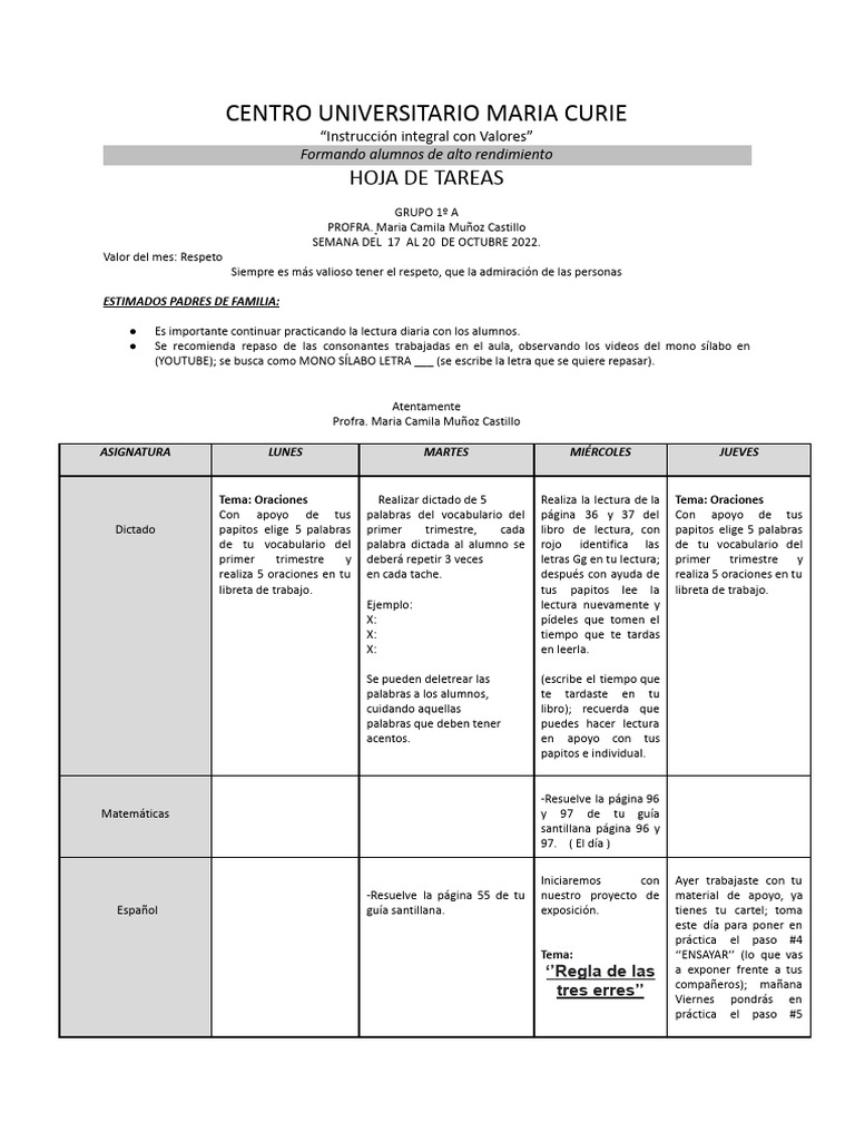 1° Hoja de Tareas Semana Del 17 Al 20 de Octubre 2022. | PDF