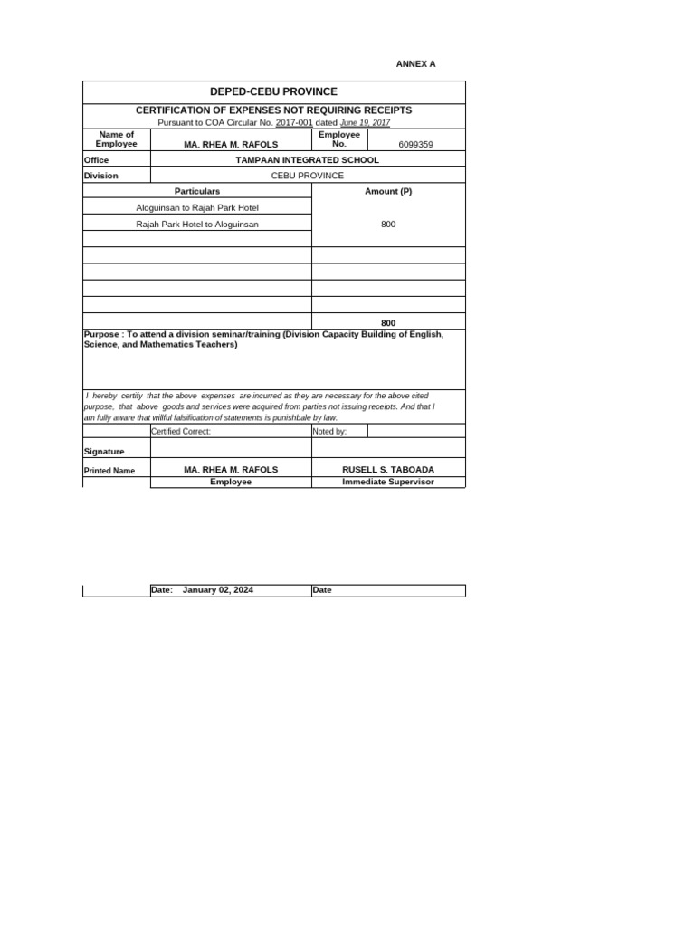 Annex A Cert of Expenses Not Req Receipts | PDF | Expense | Income