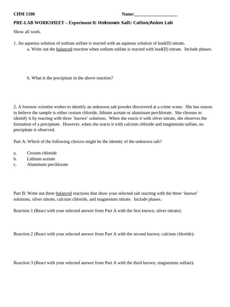 CHM 1100-2024-Fall--Experiment 8 - Pre-Lab Worksheet-Unknown Salt | PDF