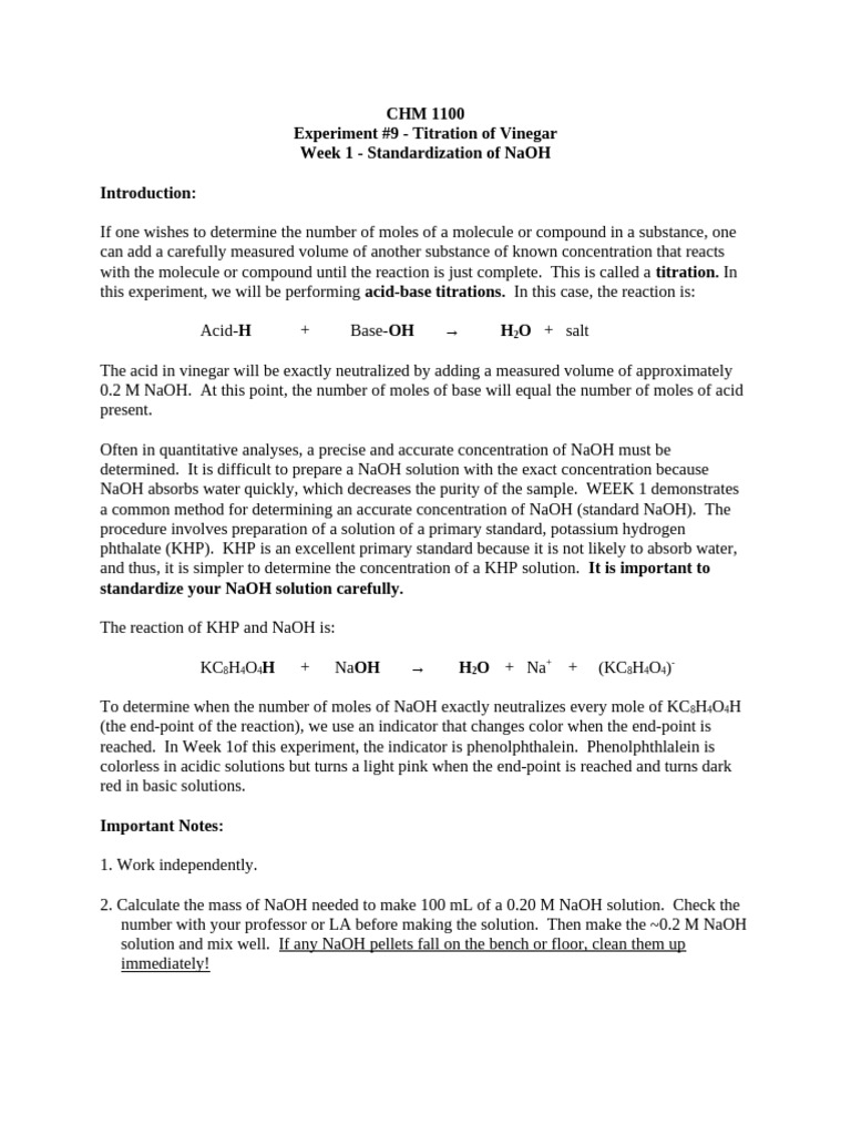 CHM 1100-2024-fall - Experiment 9 -NaOH Standardization-Vinegar Titr ...