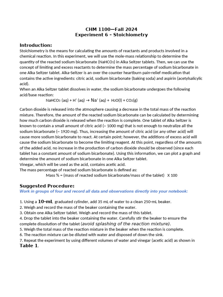 CHM 1100-2024-Experiment 6-Stoichiometry of Alta | PDF | Sodium Bicarbonate | Acid