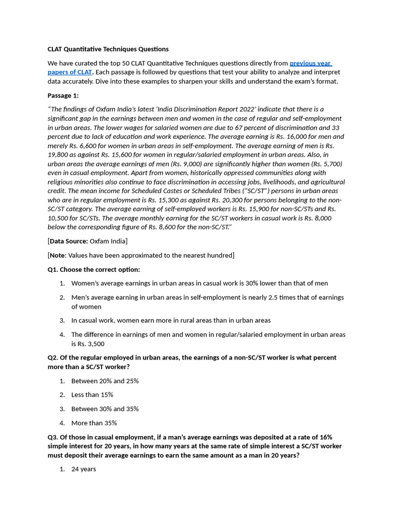 Top 50 CLAT Quantitative Techniques Questions | PDF | Revenue | Car