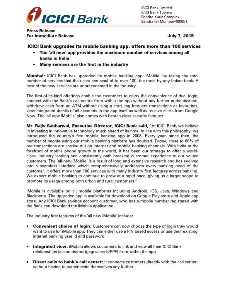 ICICI Bank Launches Upgraded iMobile App | PDF | Banks | Mobile App