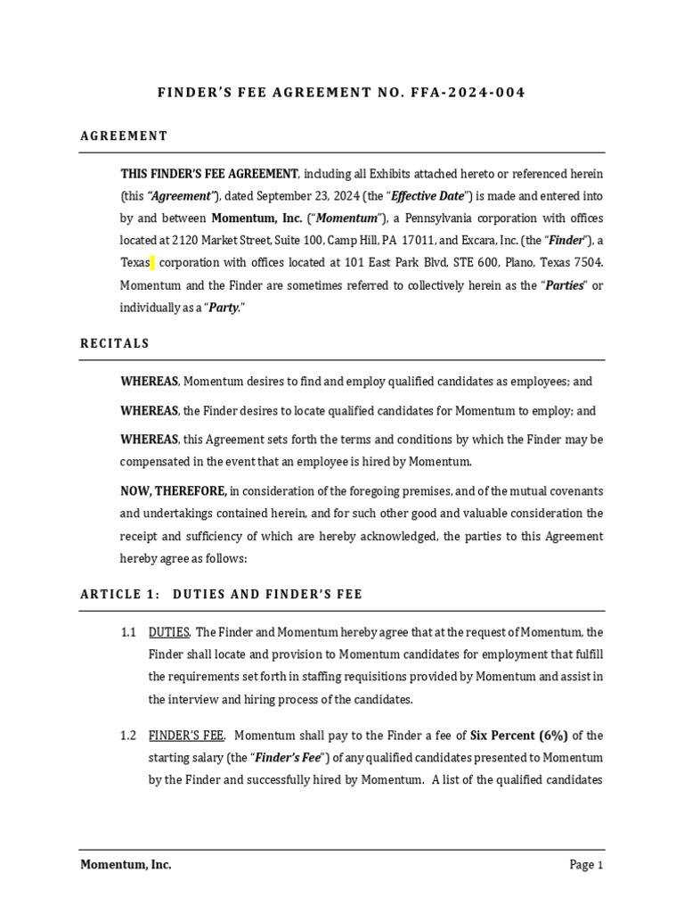 Momentum Finder's Fee Agreement Template - Excara - Encrypted | PDF ...