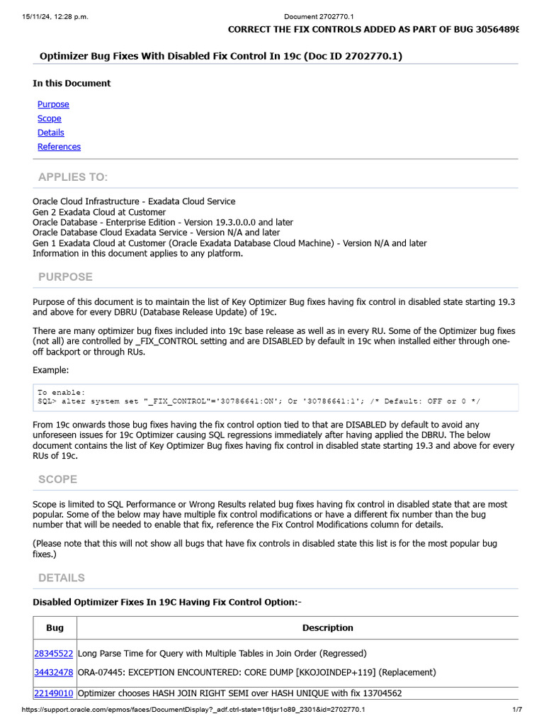 Oracle Optimizer Bug Fixes With Disabled Fix Control In 19c Pdf Oracle Database Database