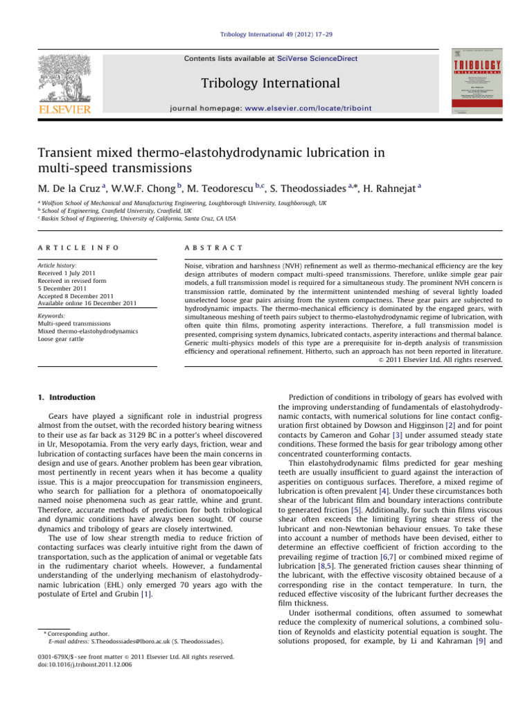 Transient Mixed Thermo-Elastohydrodynamic Lubrication in | PDF | Gear ...