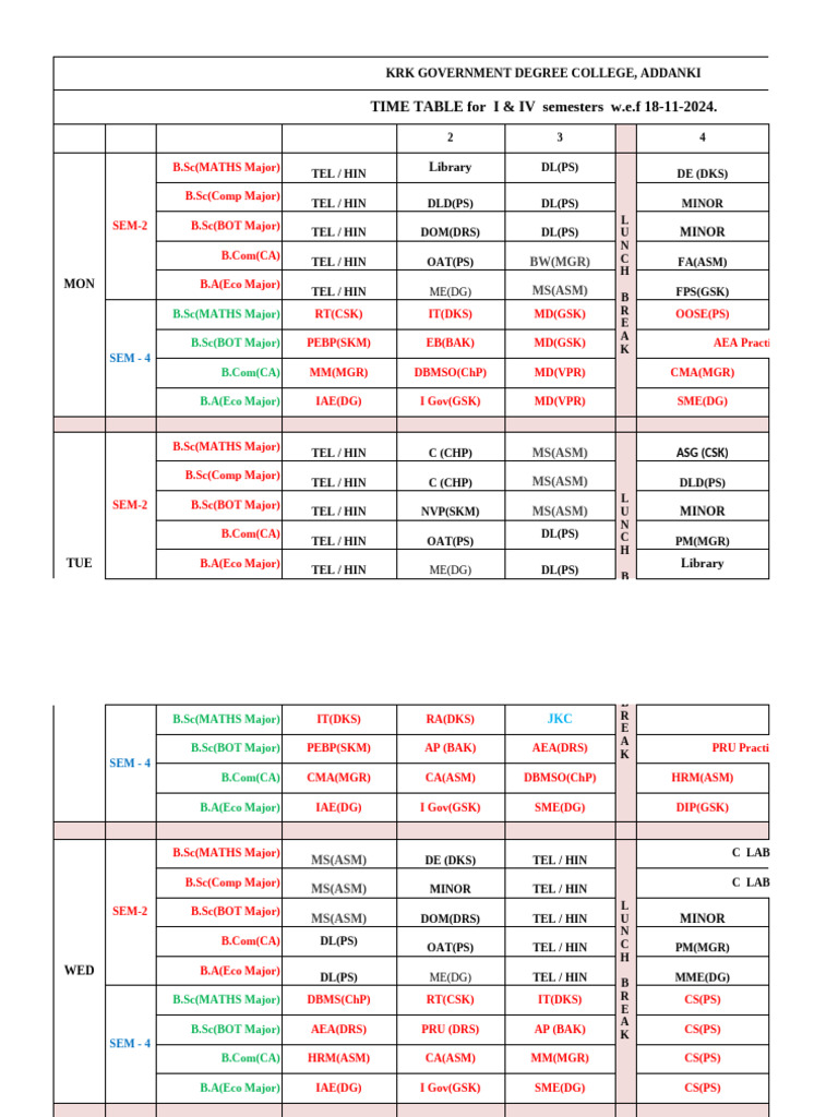 KRK College Semester Timetable 2024 | PDF