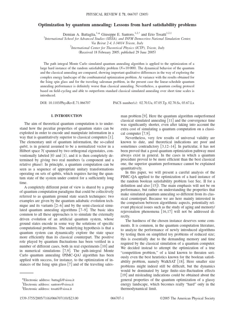 2005 - Optimization by quantum annealing - Lessons from hard satisfiability problems | PDF ...