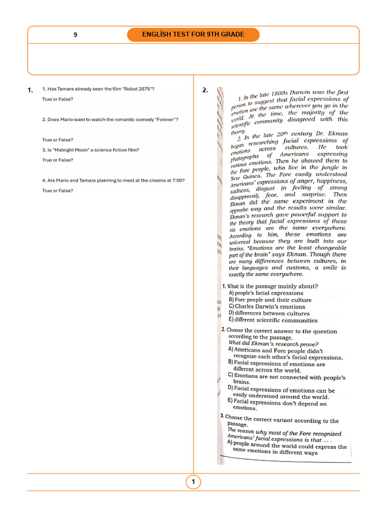 Engli̇sh Test For 9TH Grade | PDF