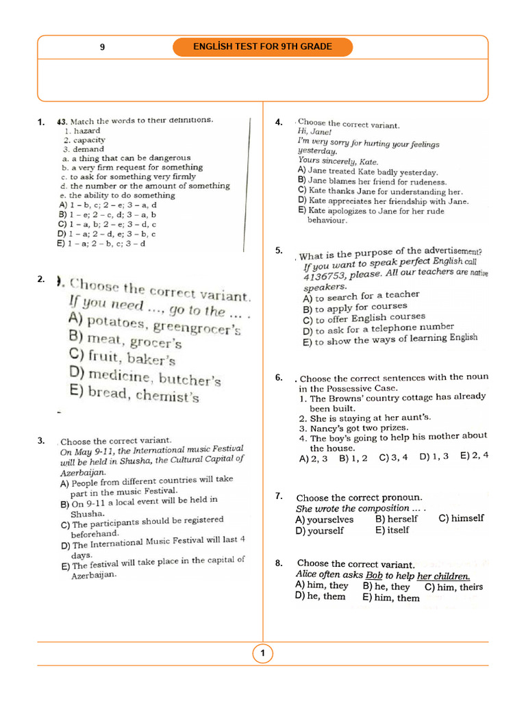 Engli̇sh Test For 9TH Grade | PDF