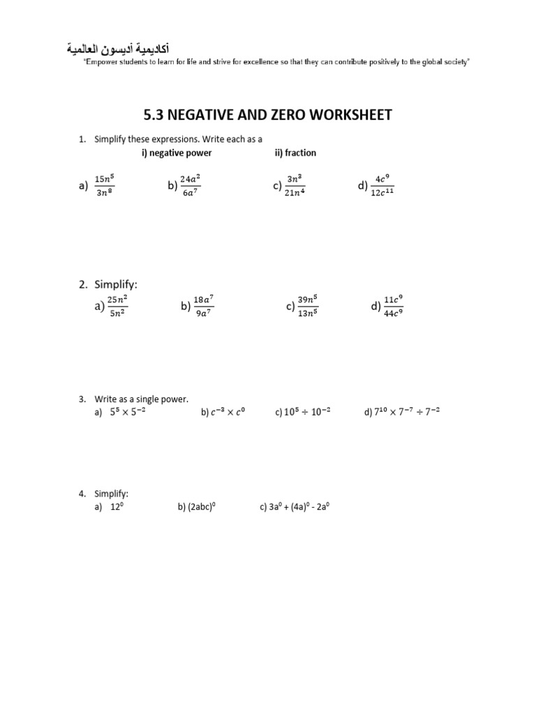 5.3 Zero and Negative Indices Worksheet | PDF