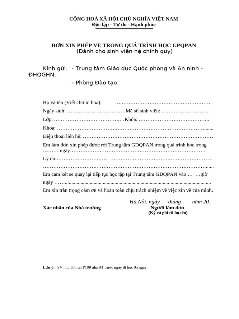 Đơn xin về trong quá trình học GDQPAN | PDF