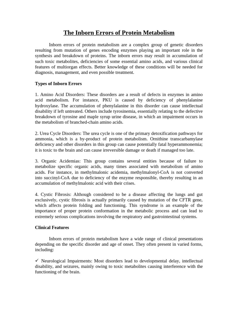 The Inborn Errors of Protein Metabolism | PDF | Diseases And Disorders ...