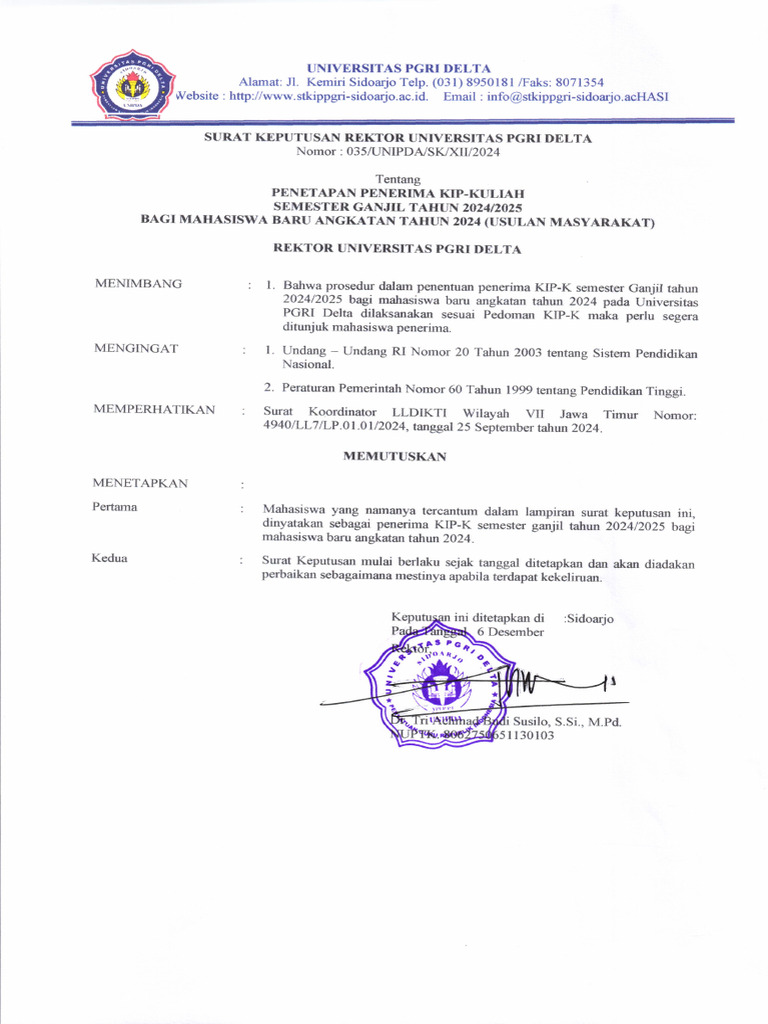 Surat Keputusan Rektor Unipda | PDF
