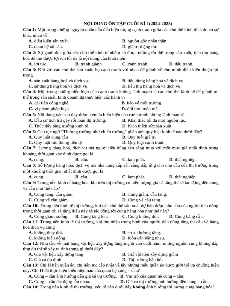 NỘI DUNG ÔN TẬP CUỐI KÌ 1 KTPL | PDF