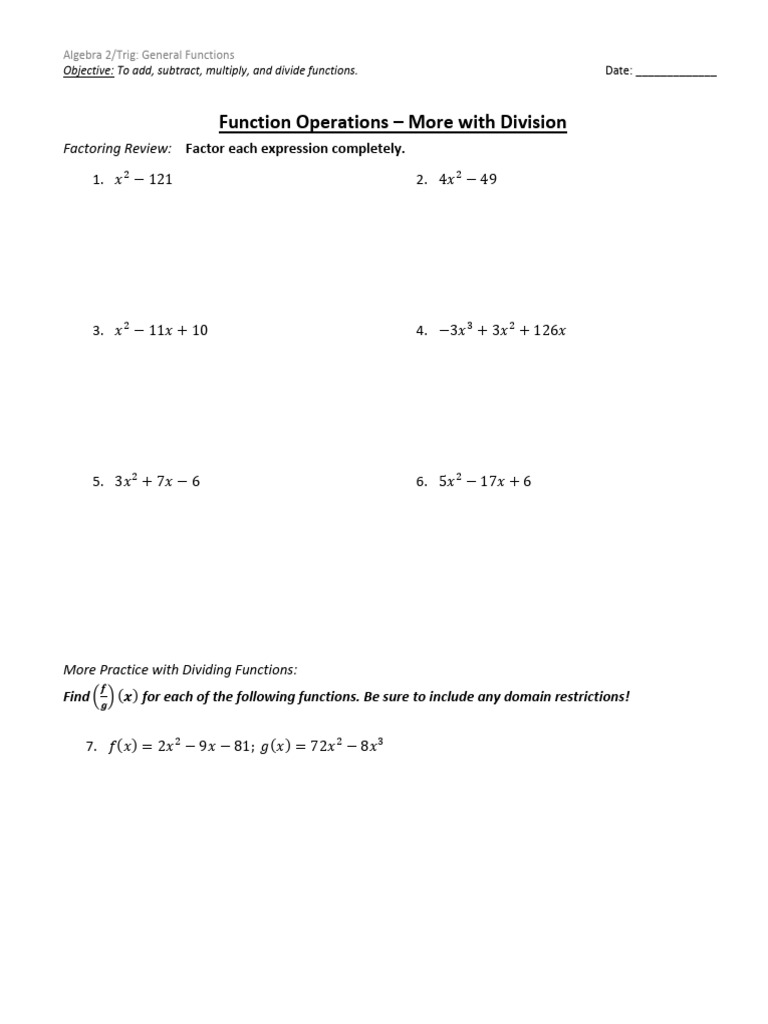 Function Operations - Factoring and Dividing | PDF