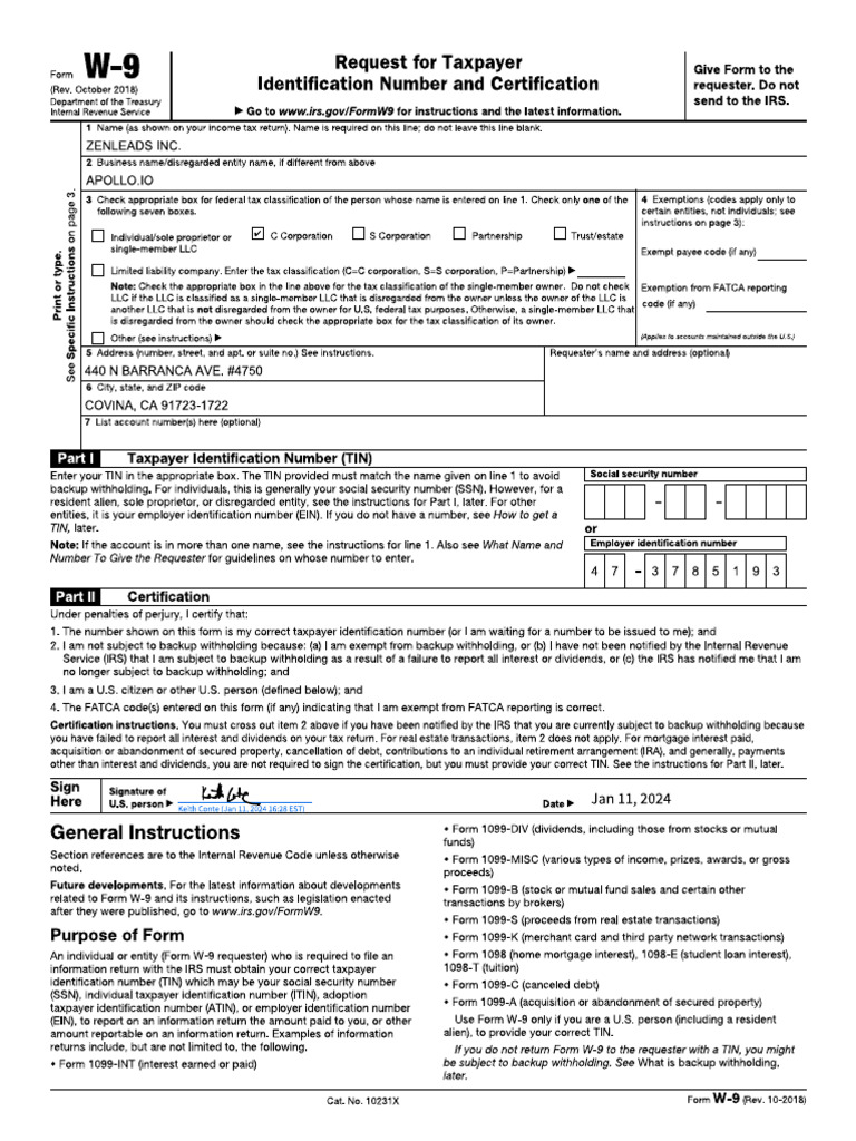 Zenleads Inc DBA Apollo - Io Form W-9 2024.01.11 | PDF