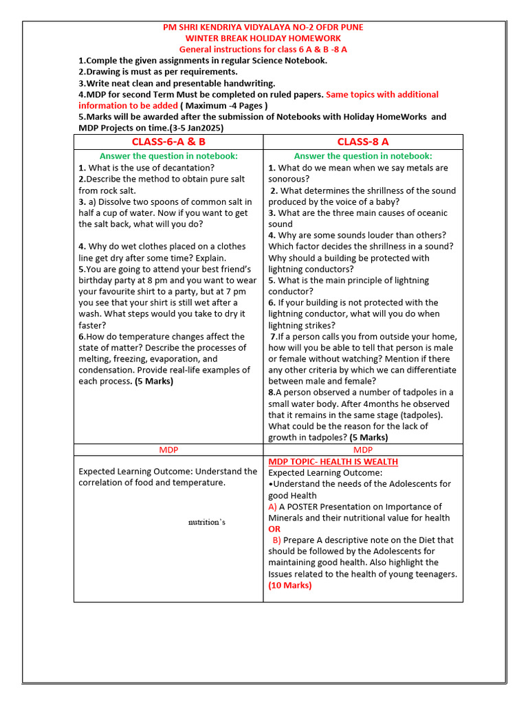 Class 6-8 Winter HW | PDF | Adolescence