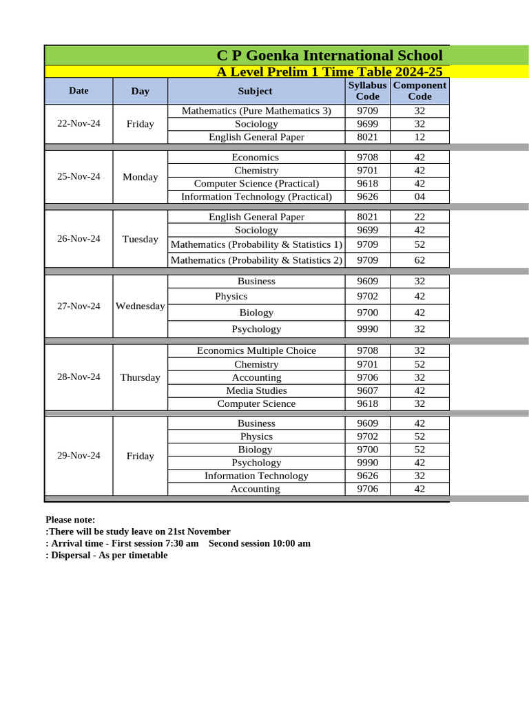A Level Prelim 1 2024 Timetable | PDF | Science