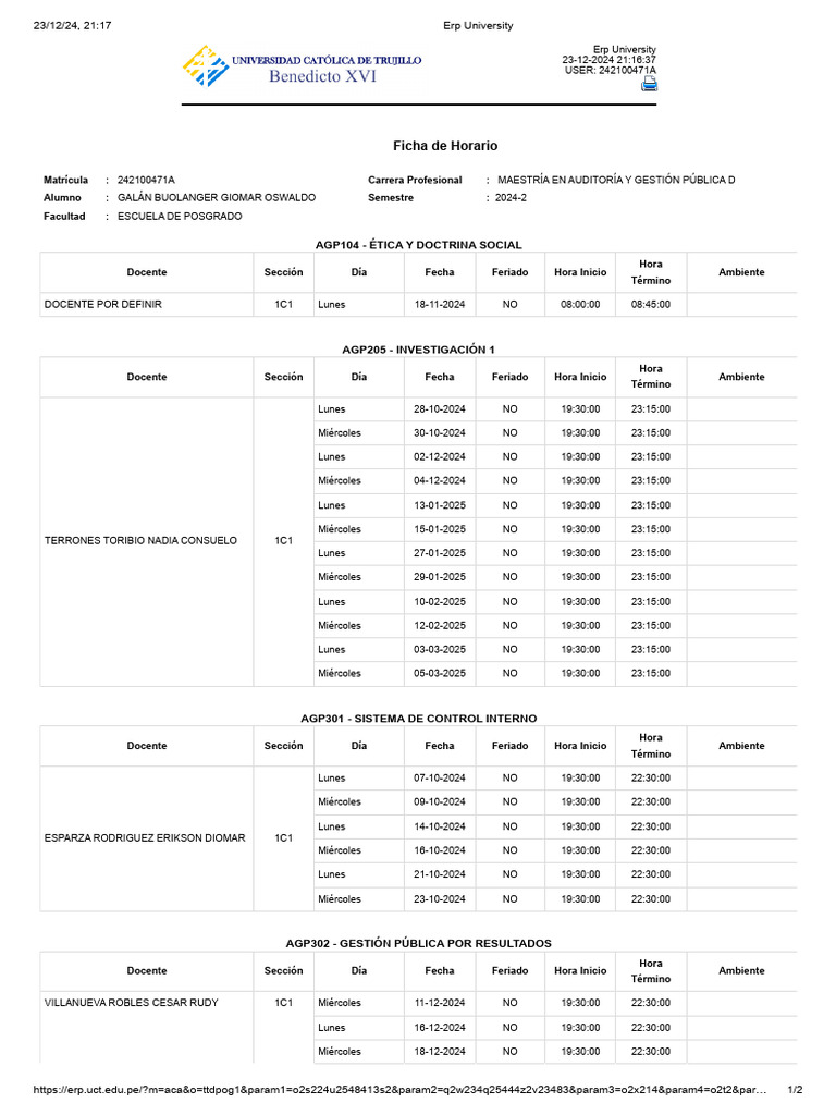Horario UCT_Semestre 2024-3 | PDF