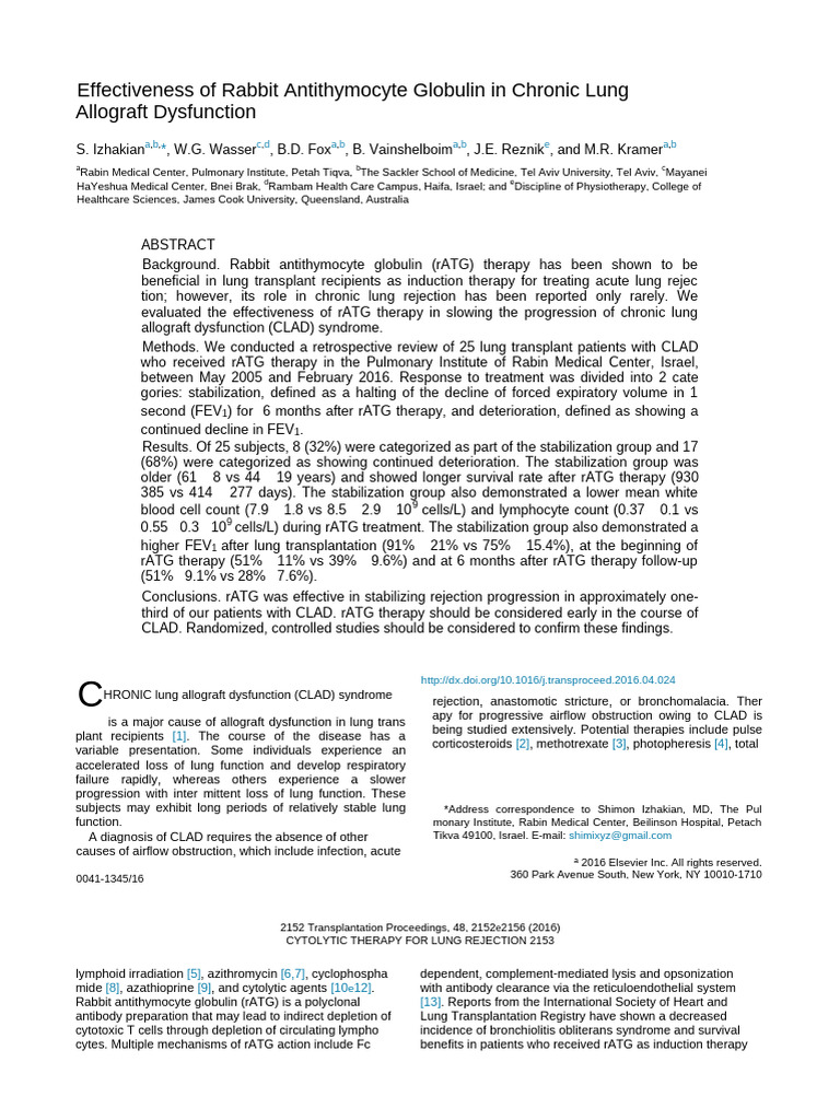 Effectiveness of Rabbit Antithymocyte Globulin in Chronic Lung ...
