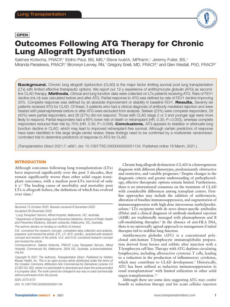 Outcomes Following ATG Therapy For Chronic | PDF | Transplant Rejection ...