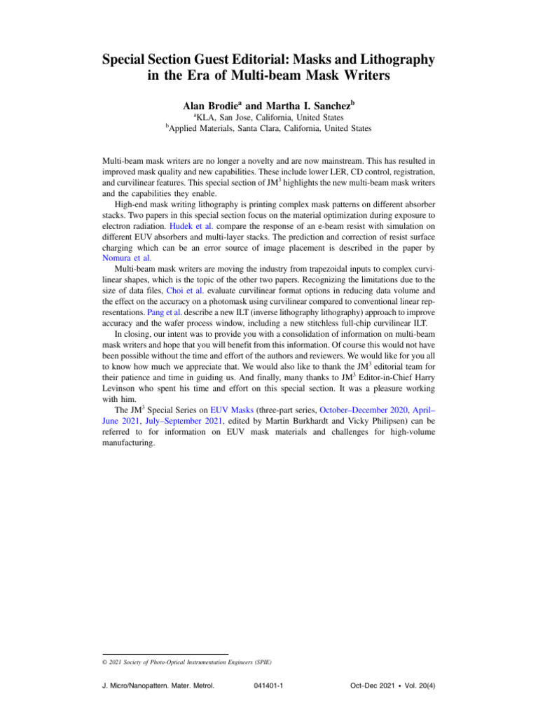 Special Section Guest Editorial Masks and Lithography in The Era of ...