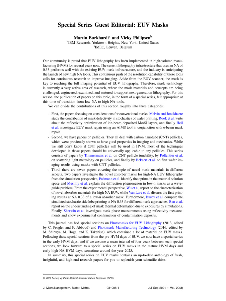Special Series Guest Editorial EUV Masks (IMEC) | PDF | Photolithography | Semiconductor Device ...