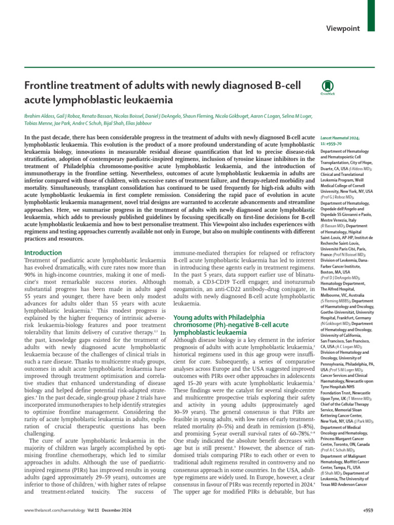 Aldoss Front Line Therapy B ALL Review 2024 | PDF | Leukemia ...