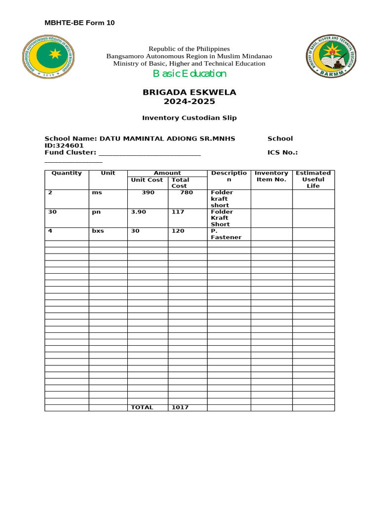 BE Form 10 Inventory Custodian Slip Parke | PDF