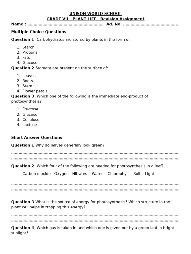 Plant Life - Revision Assignment | PDF | Leaf | Photosynthesis