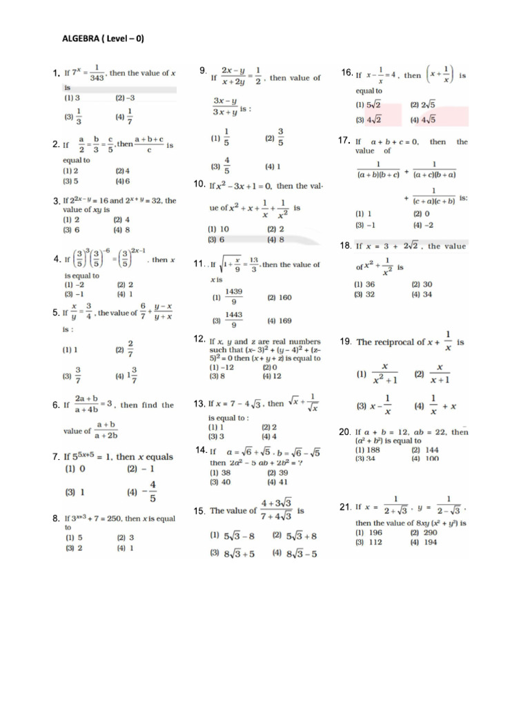 ALGEBRA Level 0 | PDF